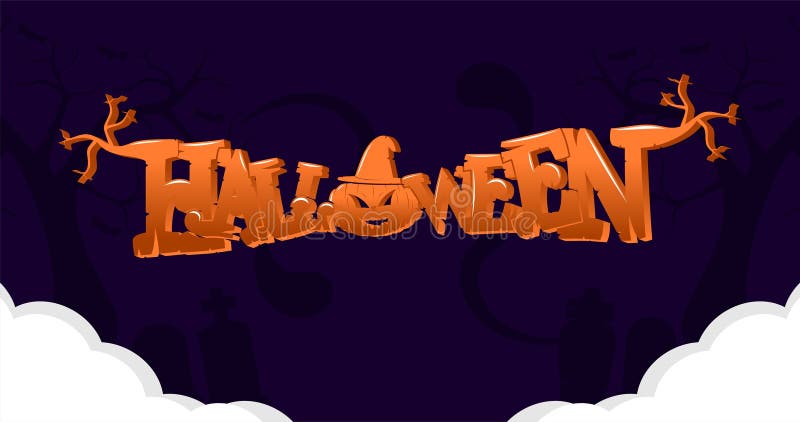 Vector Halloween with 3d Effect and Silhouettes of Trees and Tombstones ...