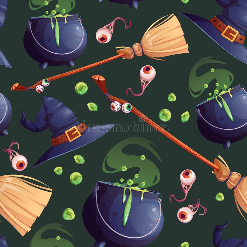 Vector Halloween Seamless Pattern with Hat, Witches Cauldron and Broom ...