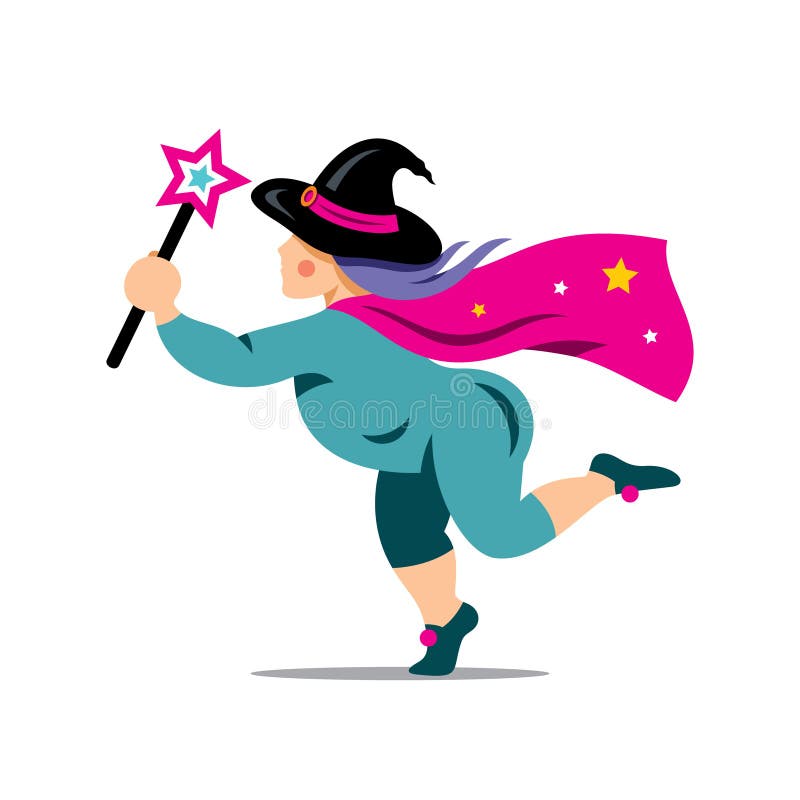 Vector Halloween Witch with Magic Wand Cartoon Illustration. Stock ...
