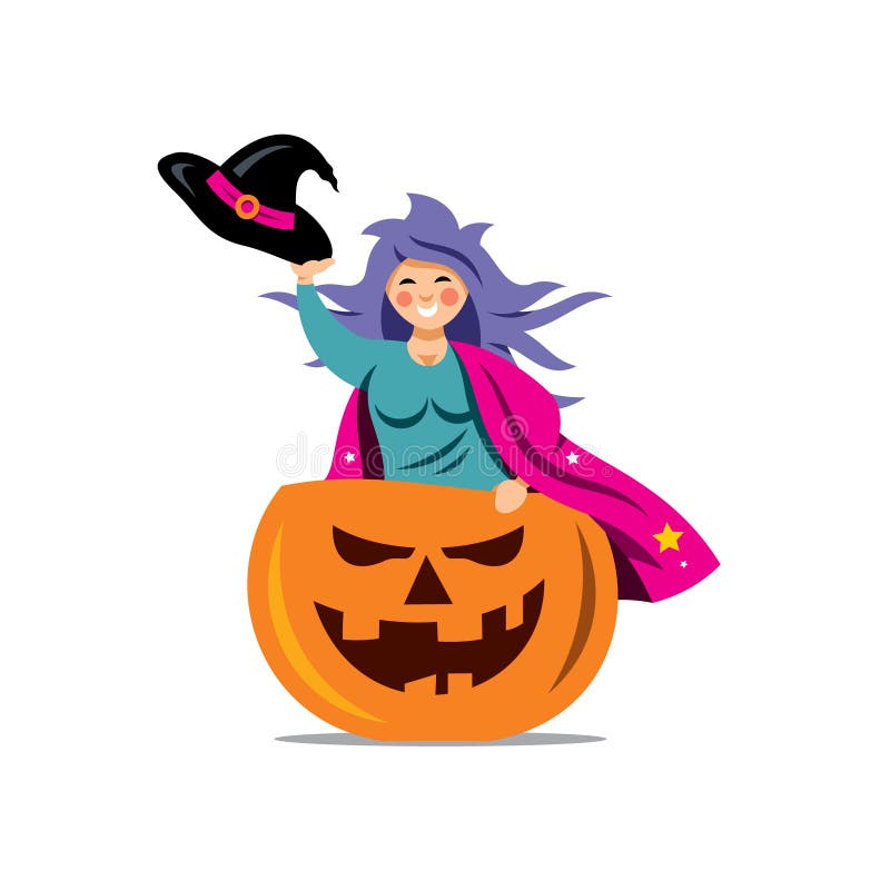 Vector Halloween Witch in Pumpkin Cartoon Illustration. Stock Vector ...