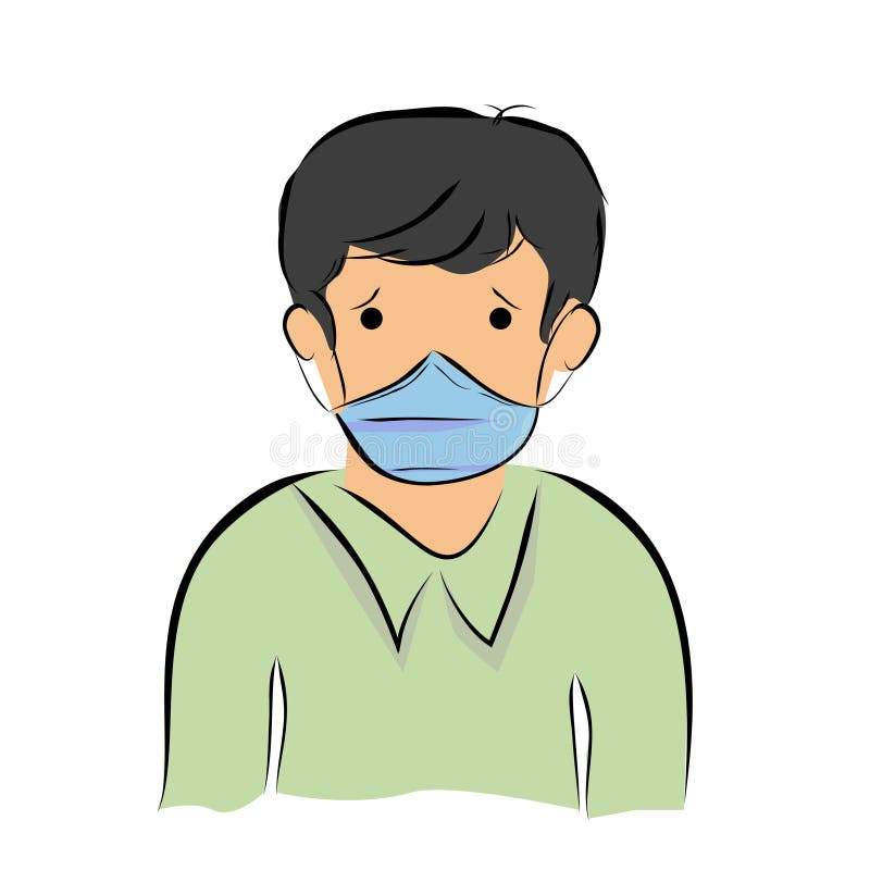 Vector, Hand Draw Sketch, Sick Boy Using Mask, Isolated on White Stock ...