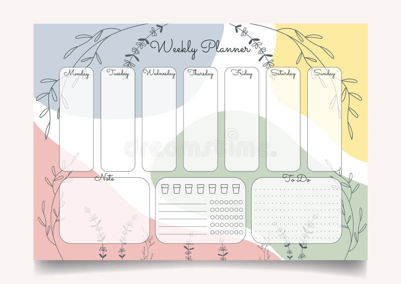 Vector Hand Draw Weekly Planner Template with Colors and Abstract ...