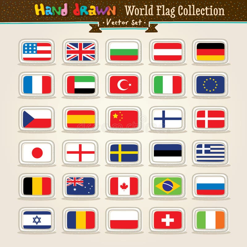 Vector Hand Draw World Flags Icon Set Stock Vector - Illustration of ...