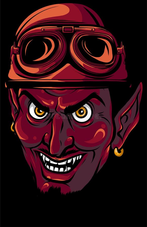 Hand Drawing of Devil Wearing Motorcycle Helmet on Black Background ...