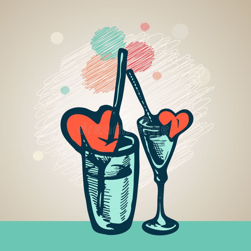 Vector Hand Drawing 2 Glasses with Cocktail Straw and a Broken Heart ...