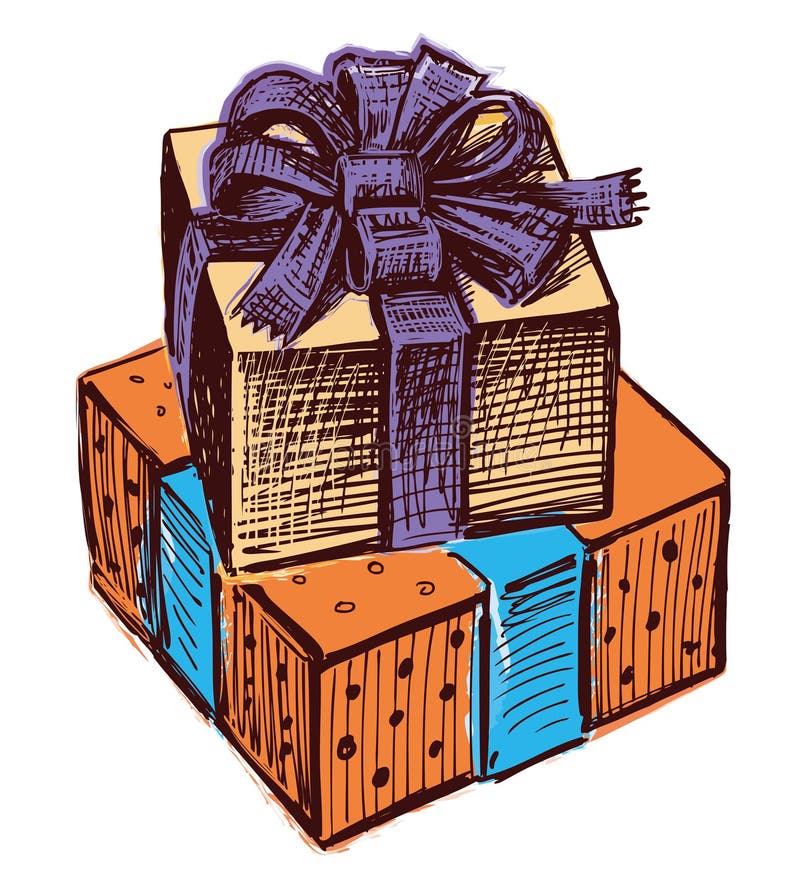 Vector Hand Drawing of Two Gift Boxes Tied Ribbons with Elegant Bow ...