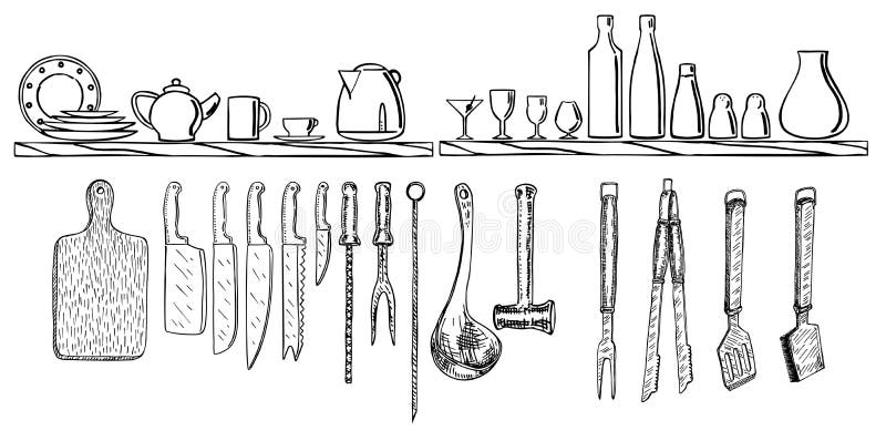 Vector Hand Drawings Crockery and Kitchen Utensils. Kitchen Utensils ...