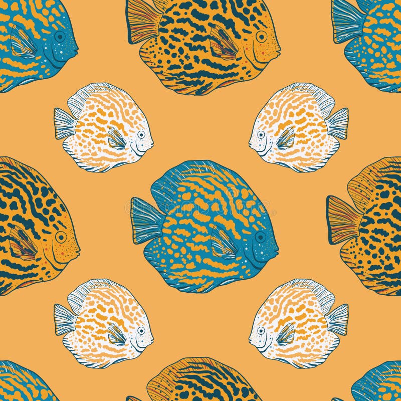 Vector Hand Drawn Angelfish Seamless Pattern Print Background Stock ...