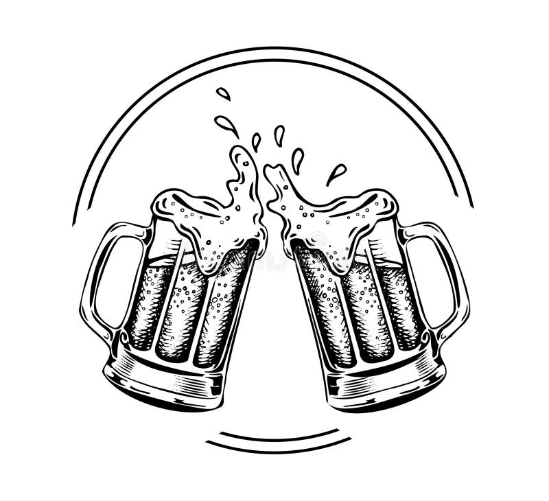 Vector Hand Drawn Beer Mugs with Foam Splashing. Stock Illustration ...