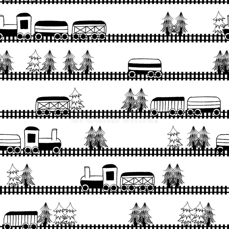 Vector Black White Trains Trees Seamless Pattern Stock Vector ...