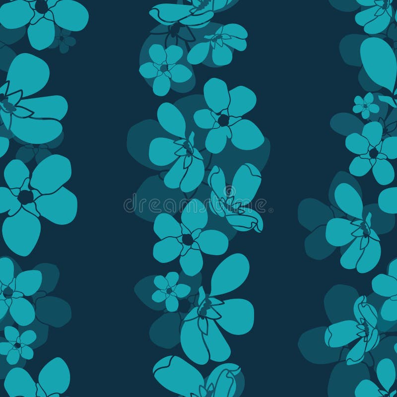 Vector Blue Cherry Flowers Dark Seamless Pattern Stock Vector ...