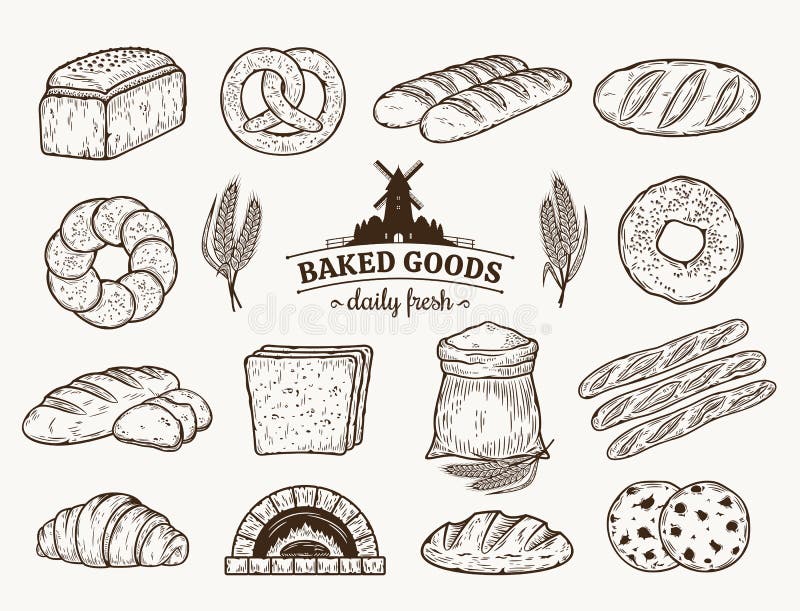 Vector Hand-drawn Bread Icons Stock Vector - Illustration of pretzel ...