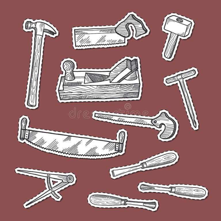 Vector Hand Drawn Carpentry Elements Stickers Set Illustration Stock ...