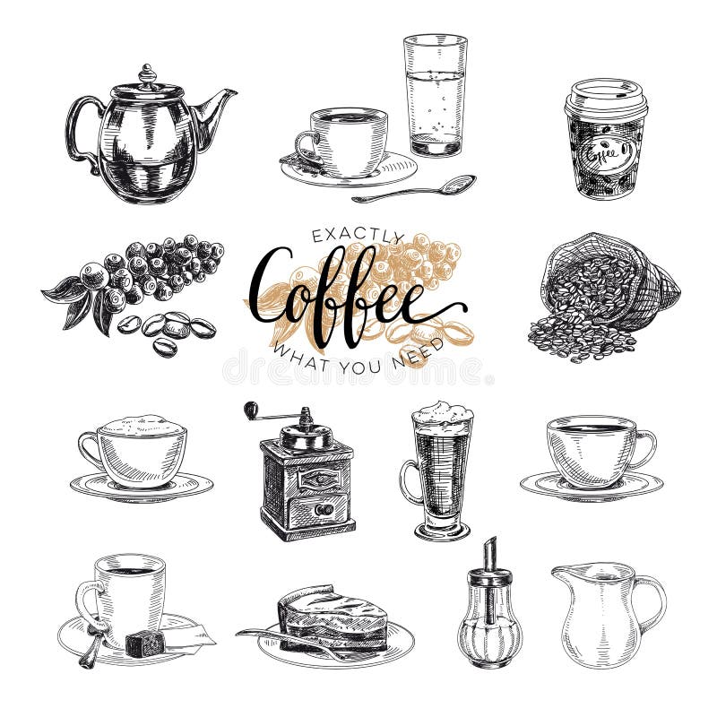 Vector Hand Drawn Coffee Set. Sketch Stock Vector - Illustration of ...
