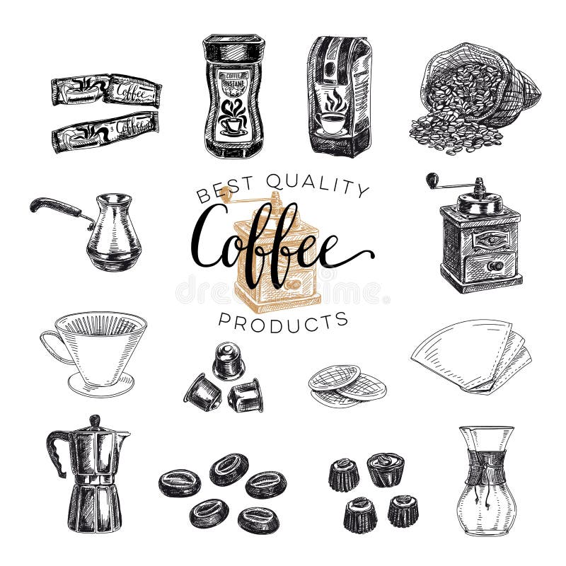Vector Hand Drawn Coffee Set. Sketch Stock Vector - Illustration of ...