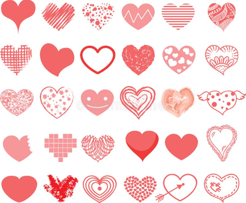Vector Hand Drawn Collection of Grunge Valentine Hearts on White ...
