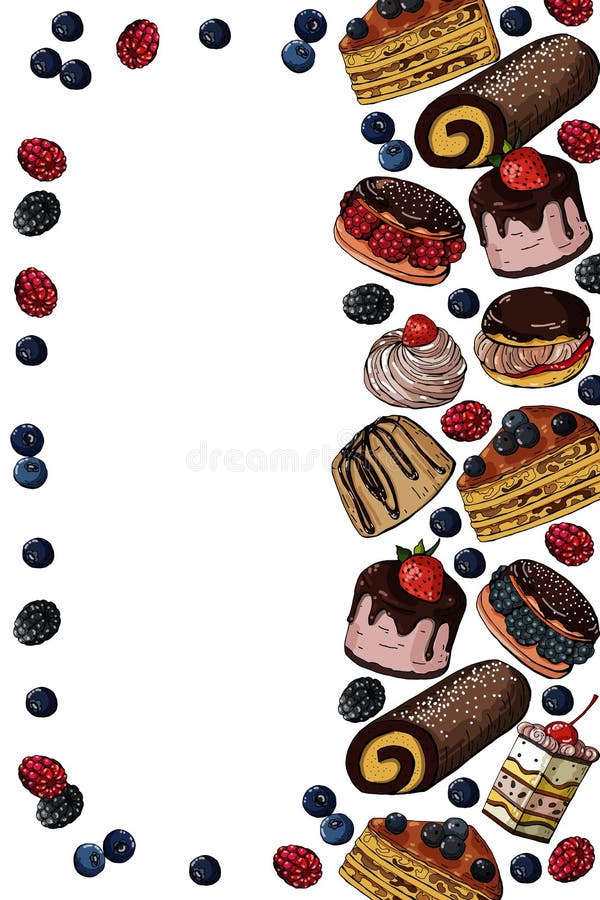 Vector Hand Drawn Colored Template Flyer with Sweets Cakes on a White ...