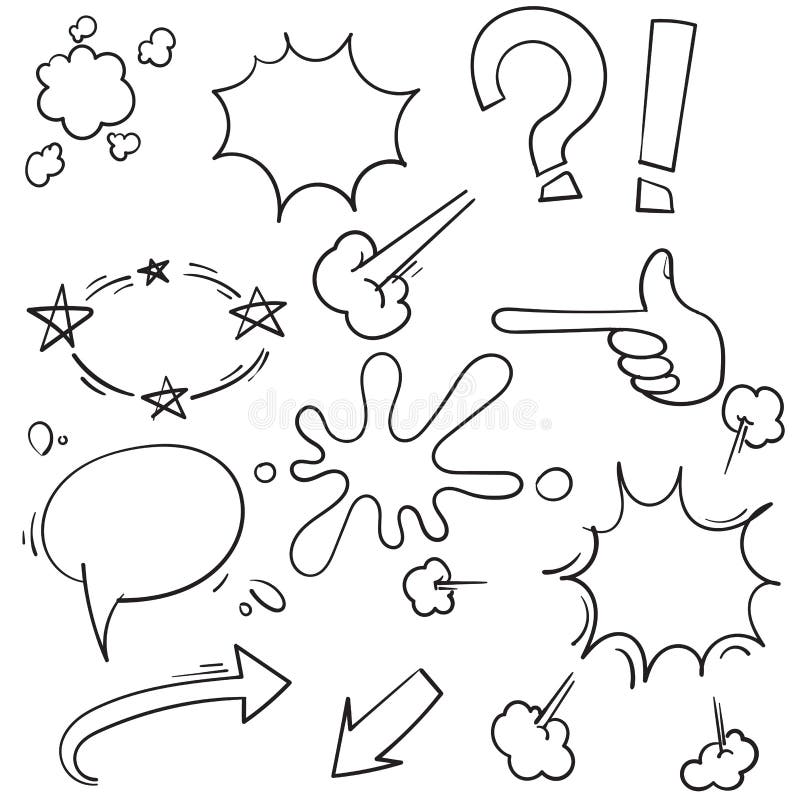 Vector Hand Drawn Comic Elements Doodles with Thin Line Style Isolated ...