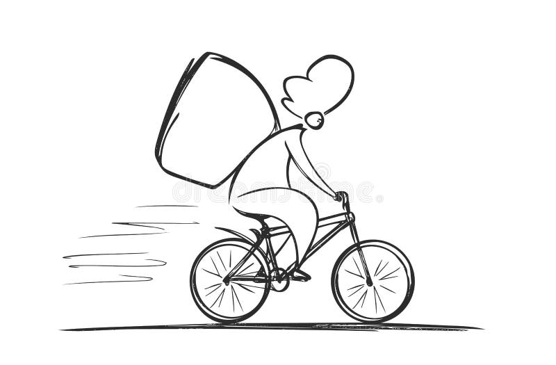 Vector Hand Drawn Courier on Bicycle. Food Delivery Stock Vector ...