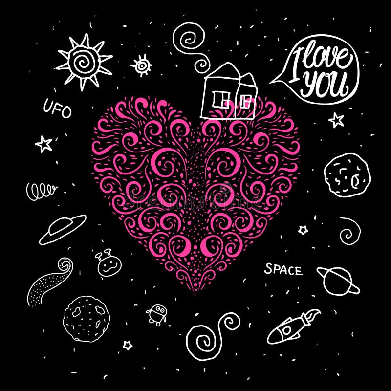 Vector Hand Drawn Heart Curls in Space Theme. Doodle Sweet Home and ...