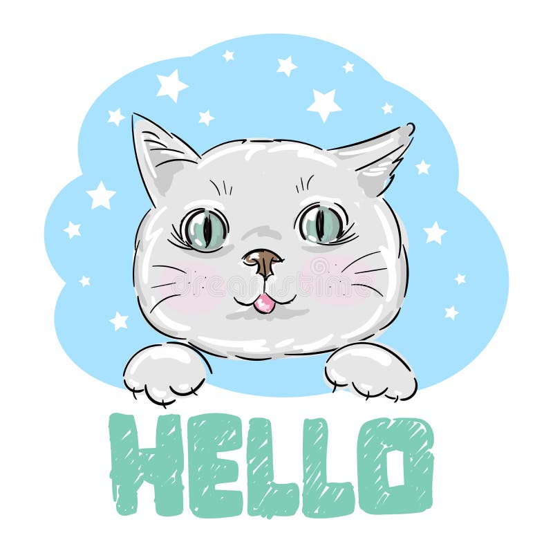Vector Hand Drawn Cute Cat Face Saying Hello. Vector Illustration with ...