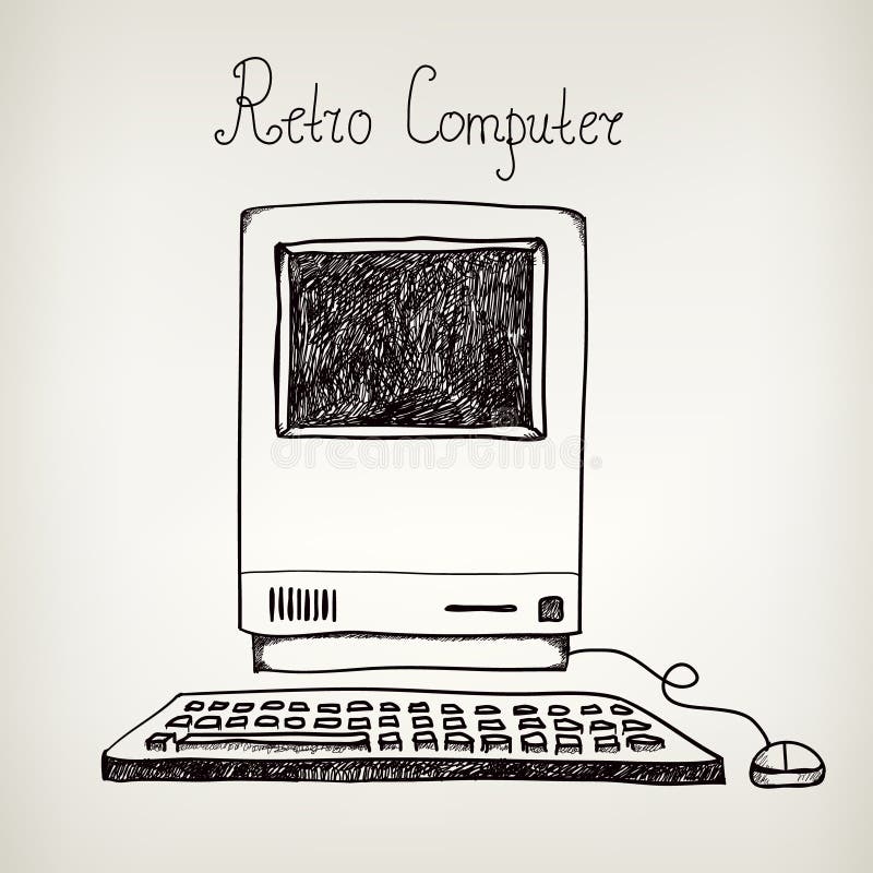 Retro Computer Sketch Hand Drawn Sketch Engraving. Vector Illustration ...