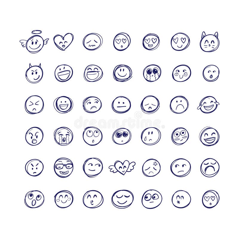 Vector Hand Drawn Emoji. Black and White Design. Line Drawing Emoji Set ...