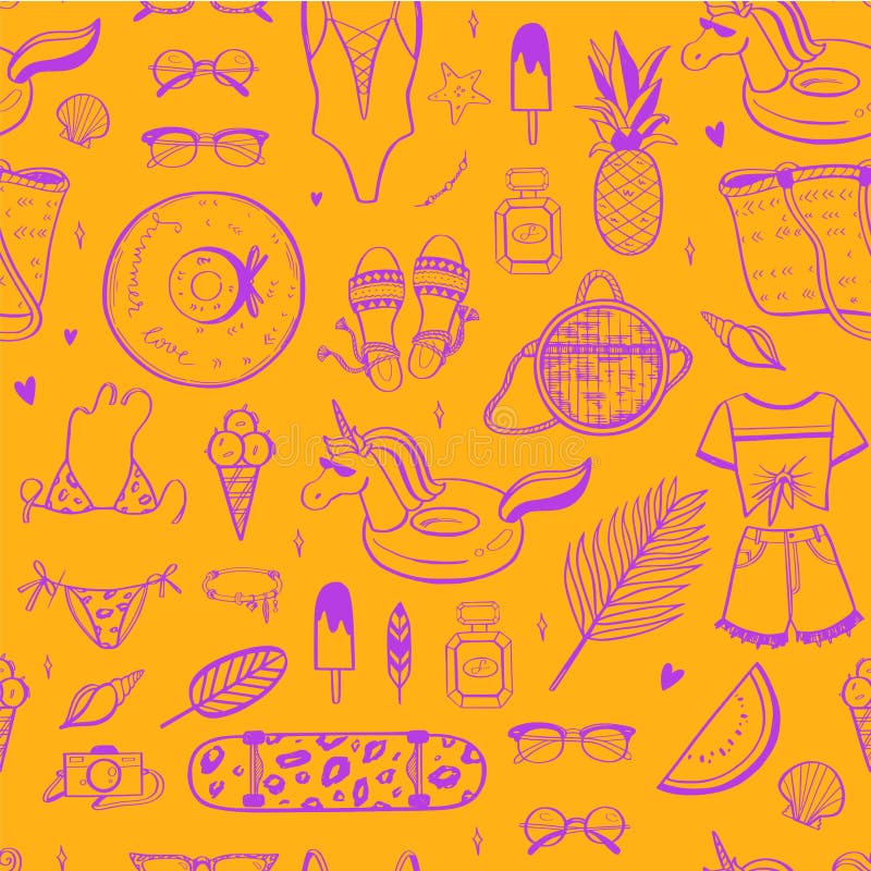 Vector Hand Drawn Fashion Illustration with Trends of Summer. Seamless ...