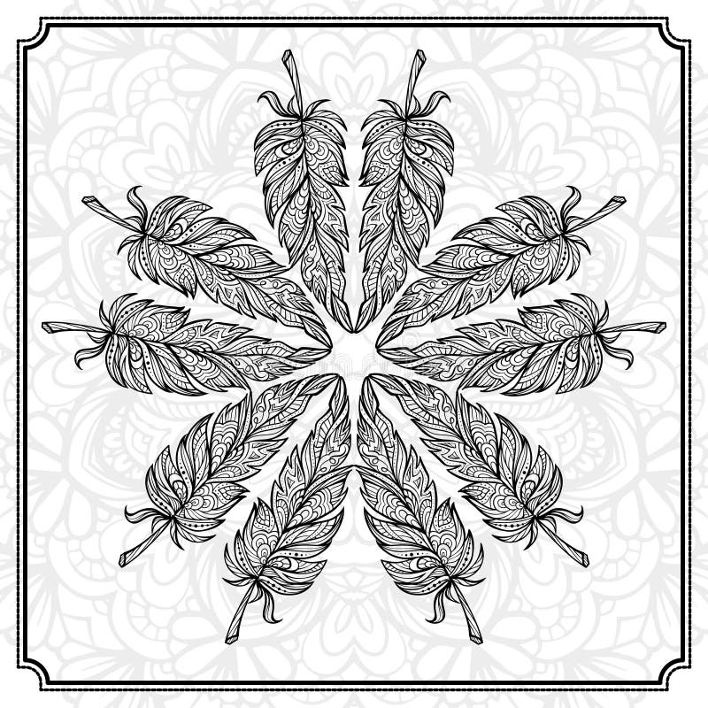 Vector Hand Drawn Feathers Mandala Pattern Stock Vector - Illustration ...