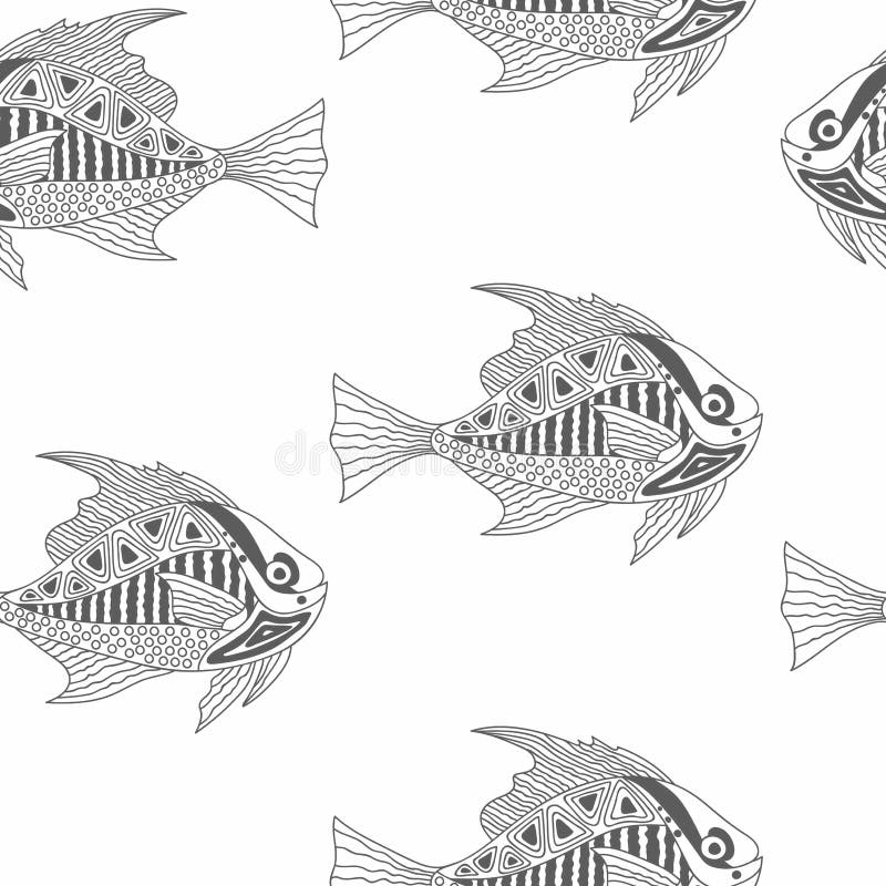 Vector Hand Drawn Fish Seamless Pattern. Stock Vector - Illustration of ...