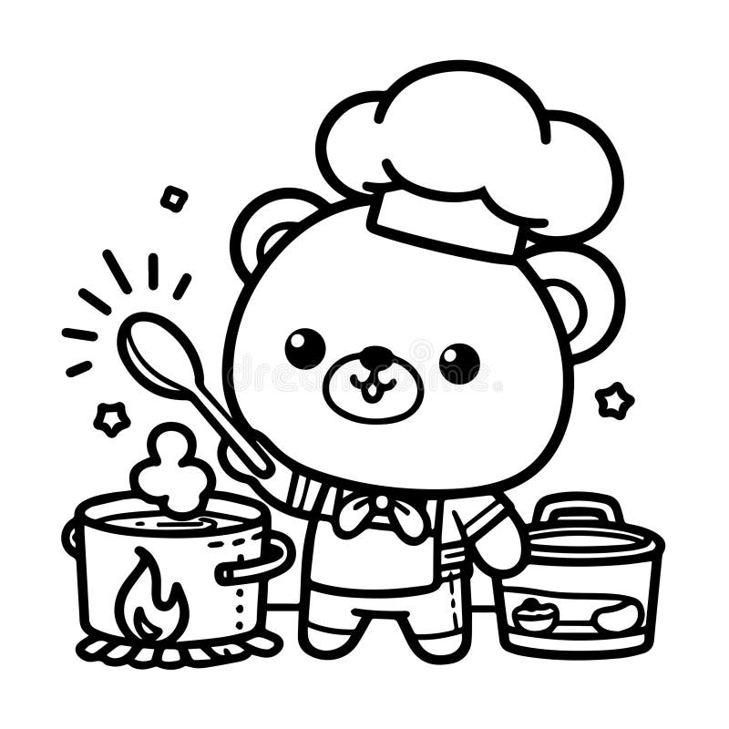 Vector Hand Drawn Flat Design Outline of a Little Bear Cooking Stock ...
