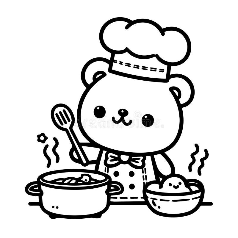 Vector Hand Drawn Flat Design Outline of a Little Bear Cooking Stock ...