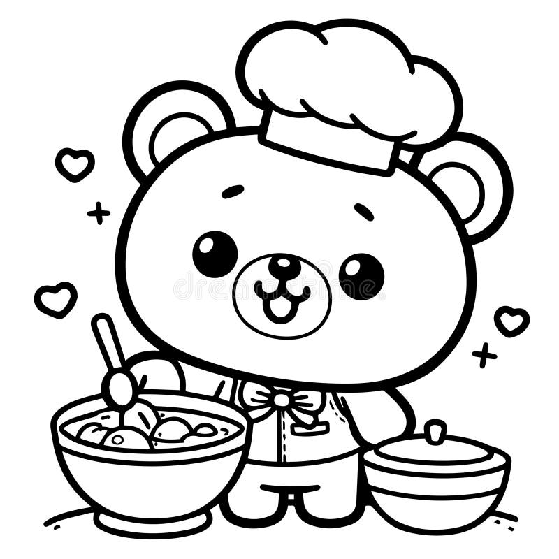 Vector Hand Drawn Flat Design Outline of a Little Bear Cooking Stock ...
