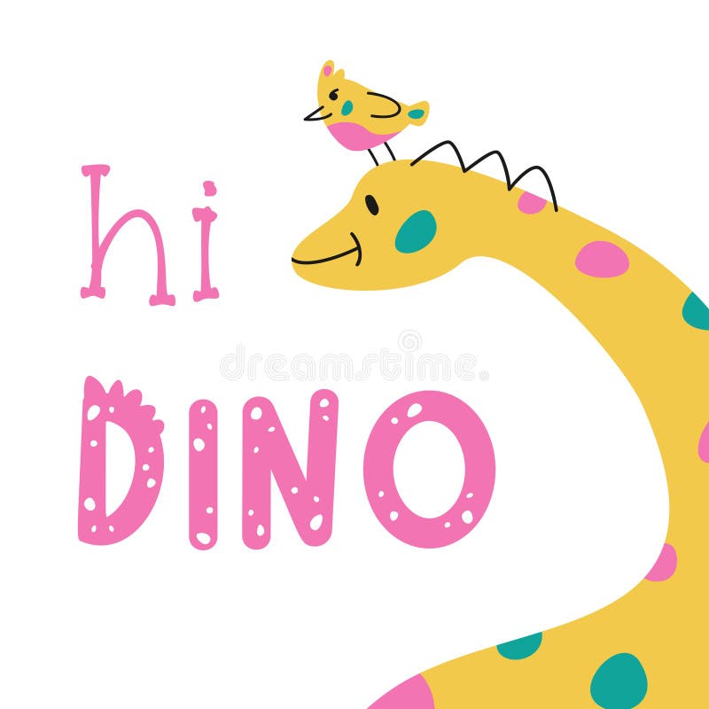 Vector Hand Drawn Flat Postcard with Dinosaur and Bird. Hi Dino Stock ...