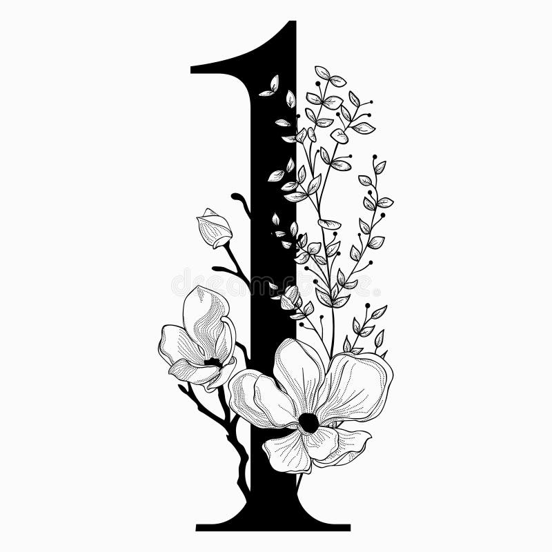 Vector Hand Drawn Floral Number One Monogram and Logo Stock Vector ...