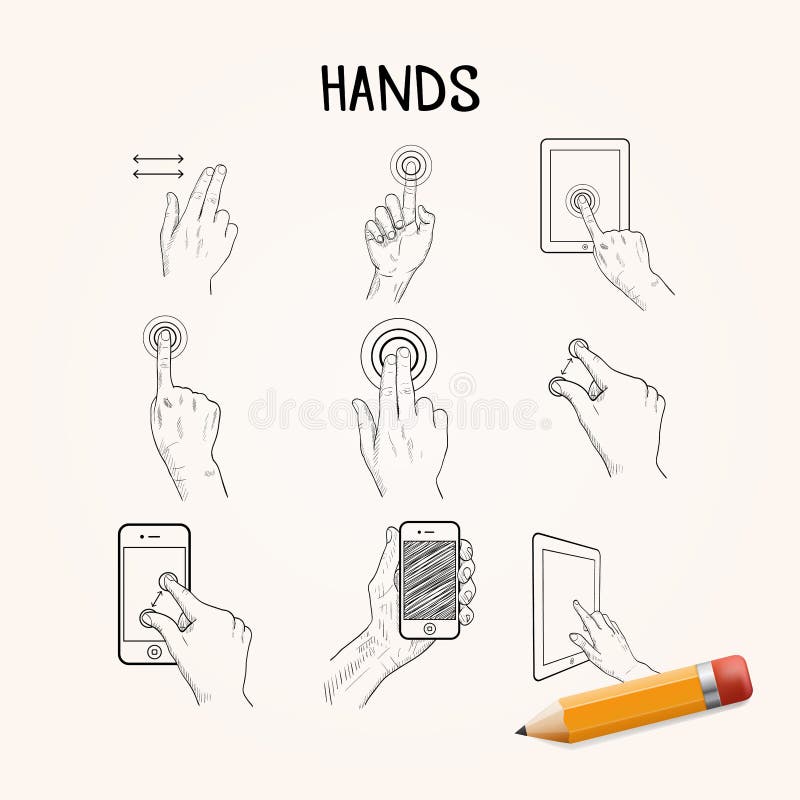 Vector Hand Drawn Hands with Mobile Phone, Buttons, Touchpad Stock ...