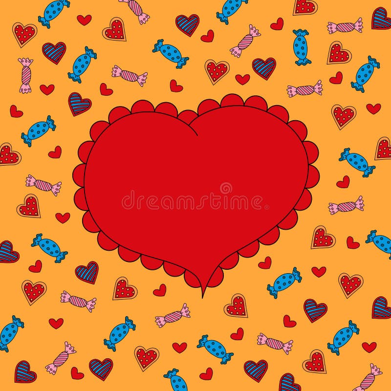 Vector Hand Drawn Heart Shape on Orange Background of Candy. Stock ...
