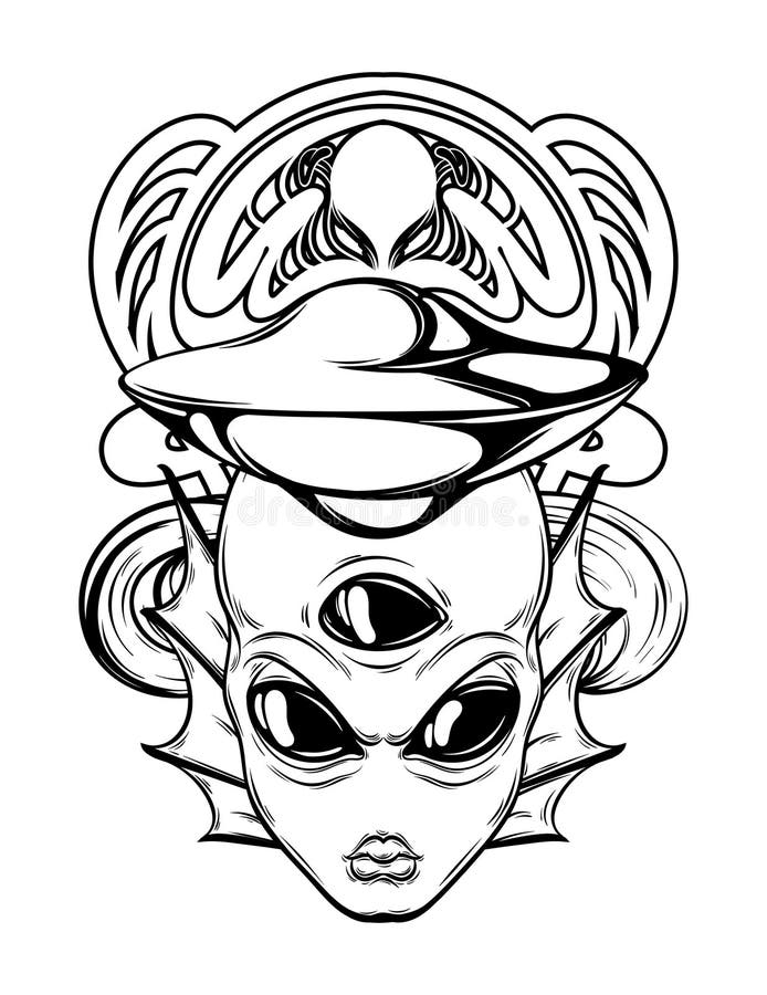 Vector Hand Drawn Illustration of Alien with Frame Isolated. Stock ...