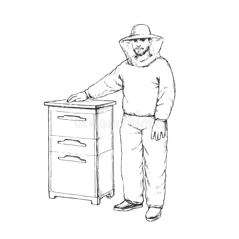 Vector Hand-drawn Illustration of a Beekeeper Staying with a Hive ...