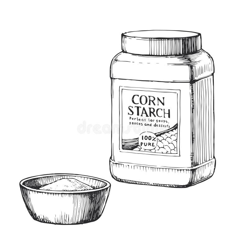 Vector Hand-drawn Illustration of Corn Starch in Plastic Jar. Black and ...
