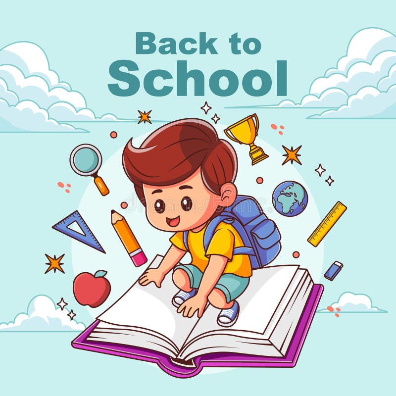 Vector Hand Drawn Illustration of Cute Boy Riding Book for Back To ...