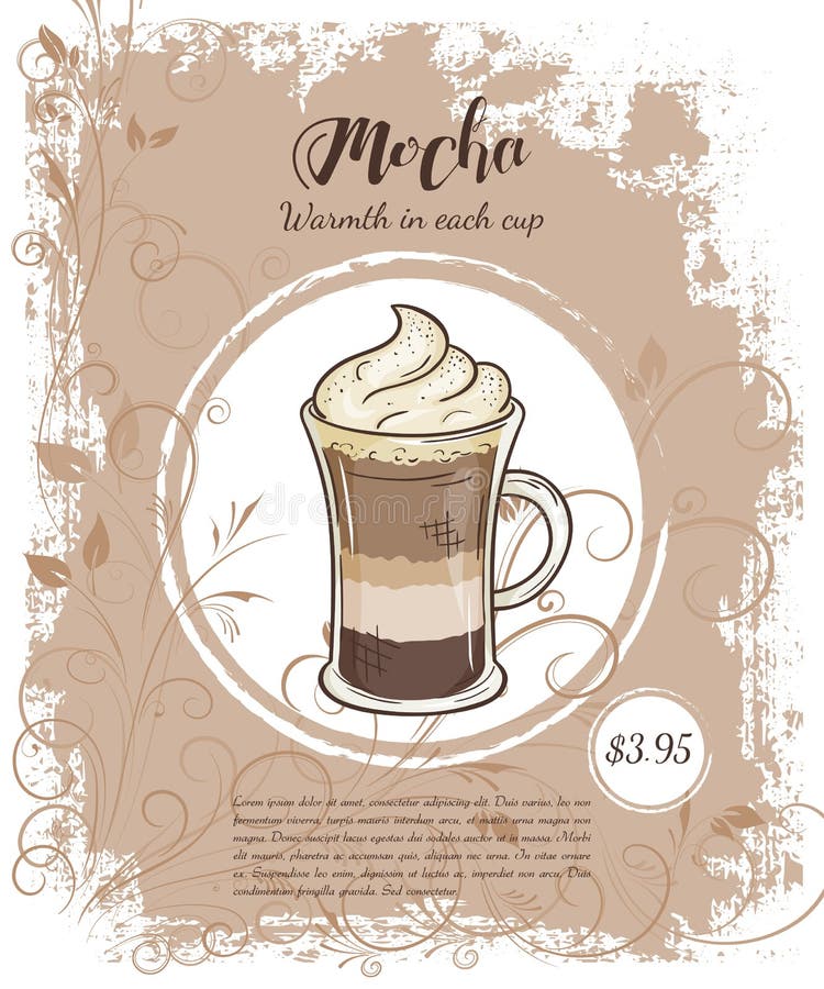 Vector Hand Drawn Illustration of Drinks Menu Pages with Cup of Mocha ...