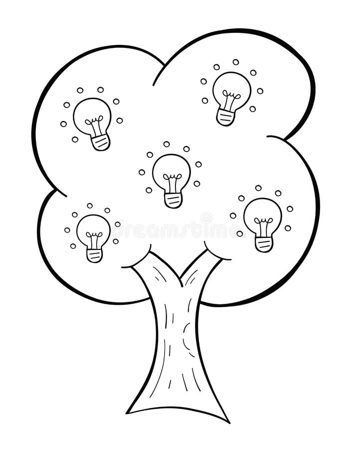 Vector Hand-drawn Illustration of Glowing Light Bulb Idea Tree Stock ...