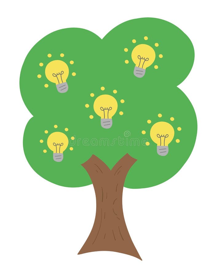 Vector Hand-drawn Illustration of Glowing Light Bulb Idea Tree Stock ...