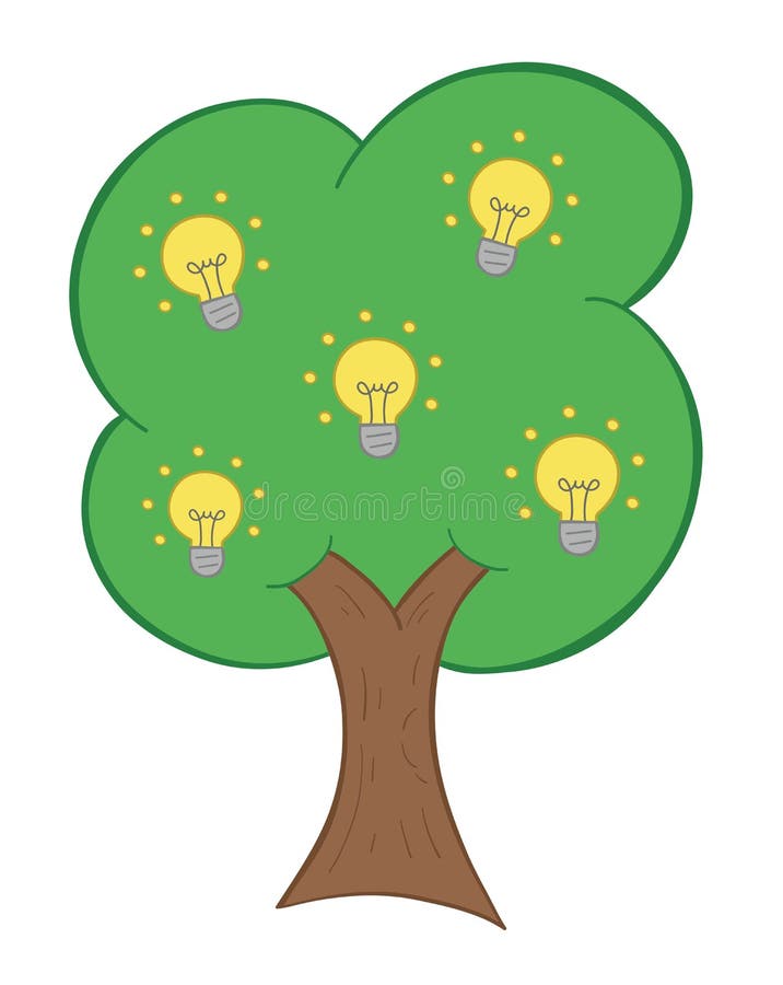 Vector Hand-drawn Illustration of Glowing Light Bulb Idea Tree Stock ...