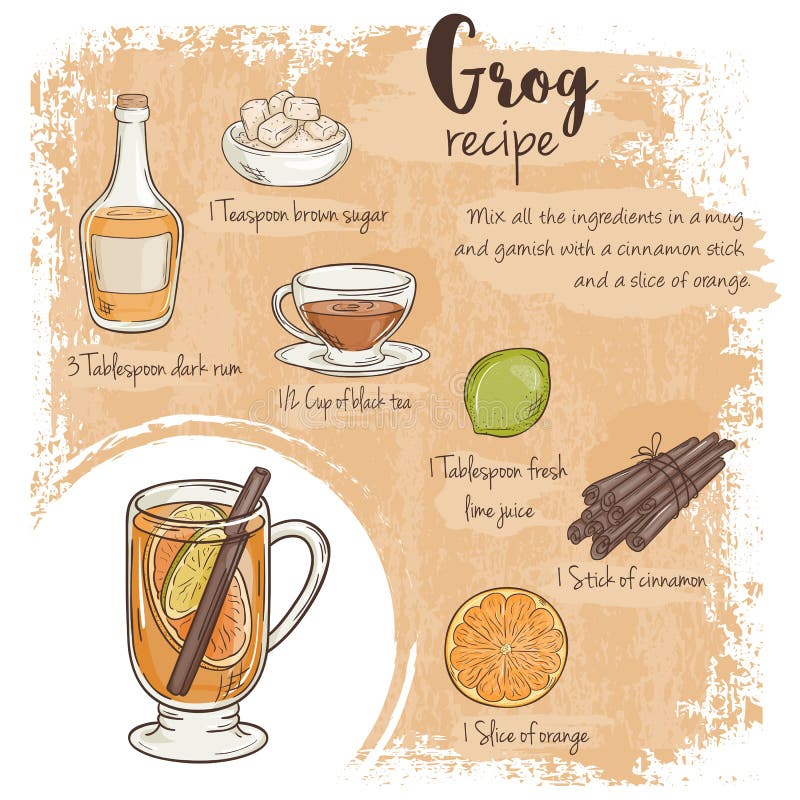 Vector Hand Drawn Illustration of Grog Recipe with List of Ingredients ...