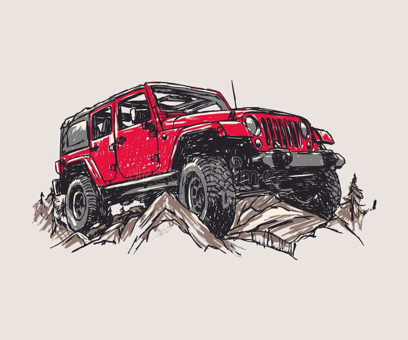 Vector Hand Drawn Illustration of an Off-road Vehicle in the Terrain ...