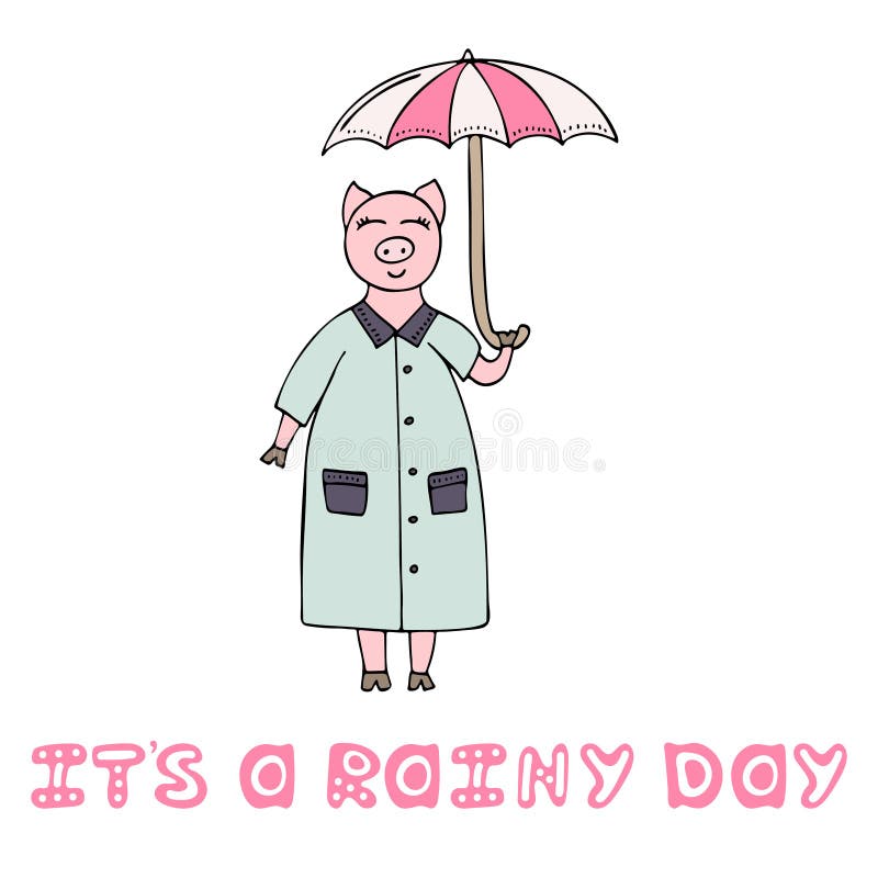 Vector Hand-drawn Illustration with a Pig with an Umbrella Stock Vector ...