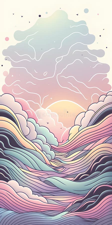 Vector Hand Drawn Illustration of Sea Waves and Sunset. Line Art Design ...