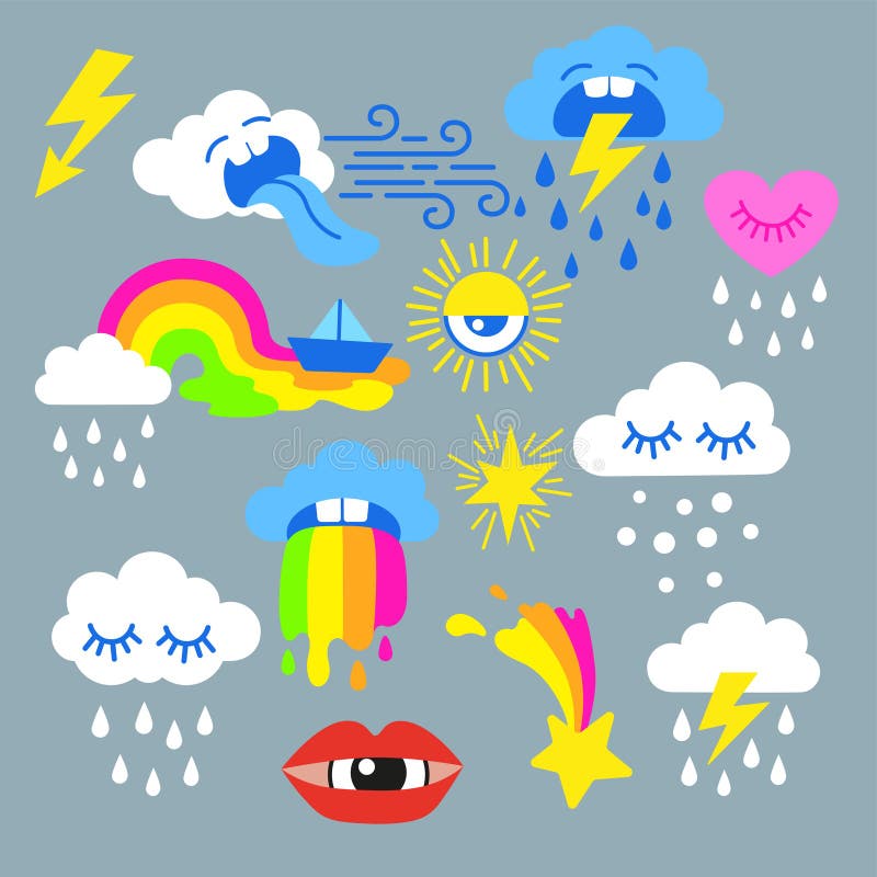 Vector Hand Drawn Illustration. Set of Weather Elements in a Flat ...